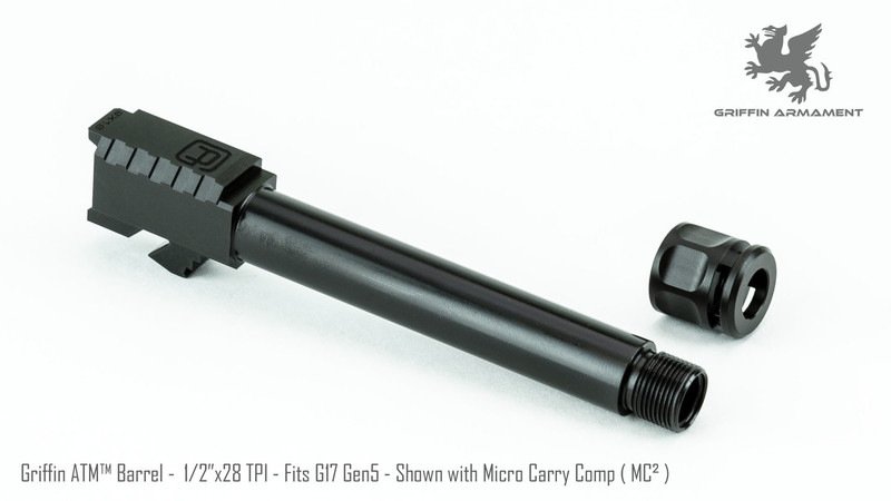Griffin ATM threaded G17 Glock Gen 5 pistol barrel with micro carry comp
