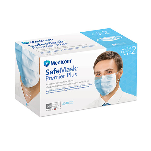 SafeMask Premier Elite Earloop Masks, Blue, Level 2, 50/Box