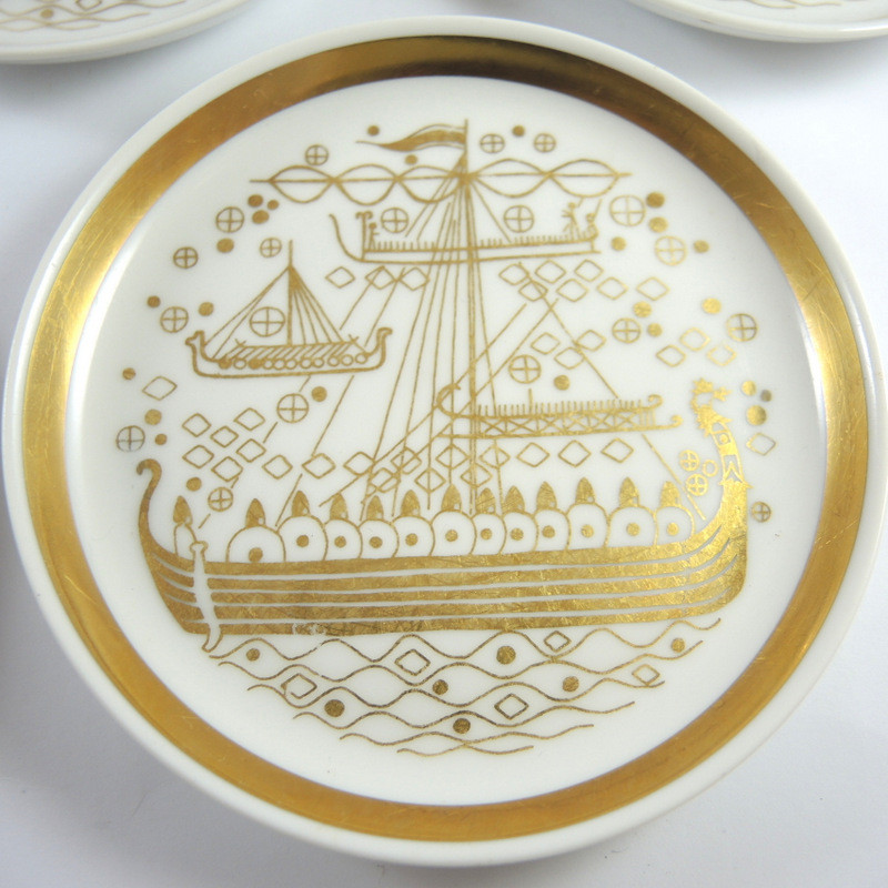 8 Vintage Porsgrund Gold Viking Ship Small Plates