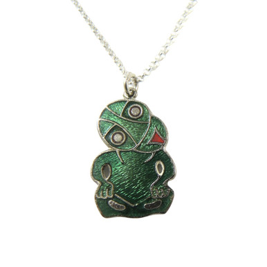 Vintage Silver & Enamel New Zealand Tiki on Chain - In store