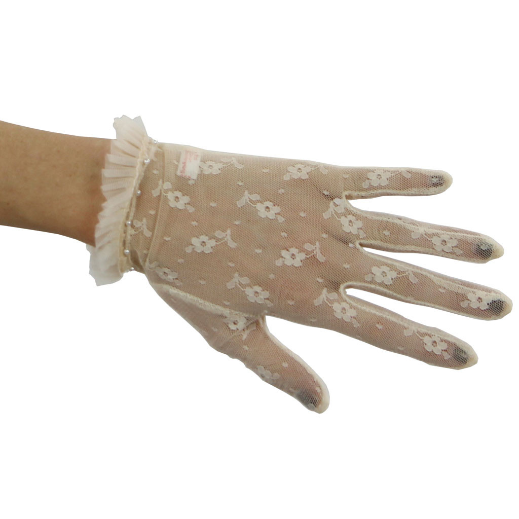 Lace Beauty Wrist Length Gloves with Pearls and Tulle Ruffle