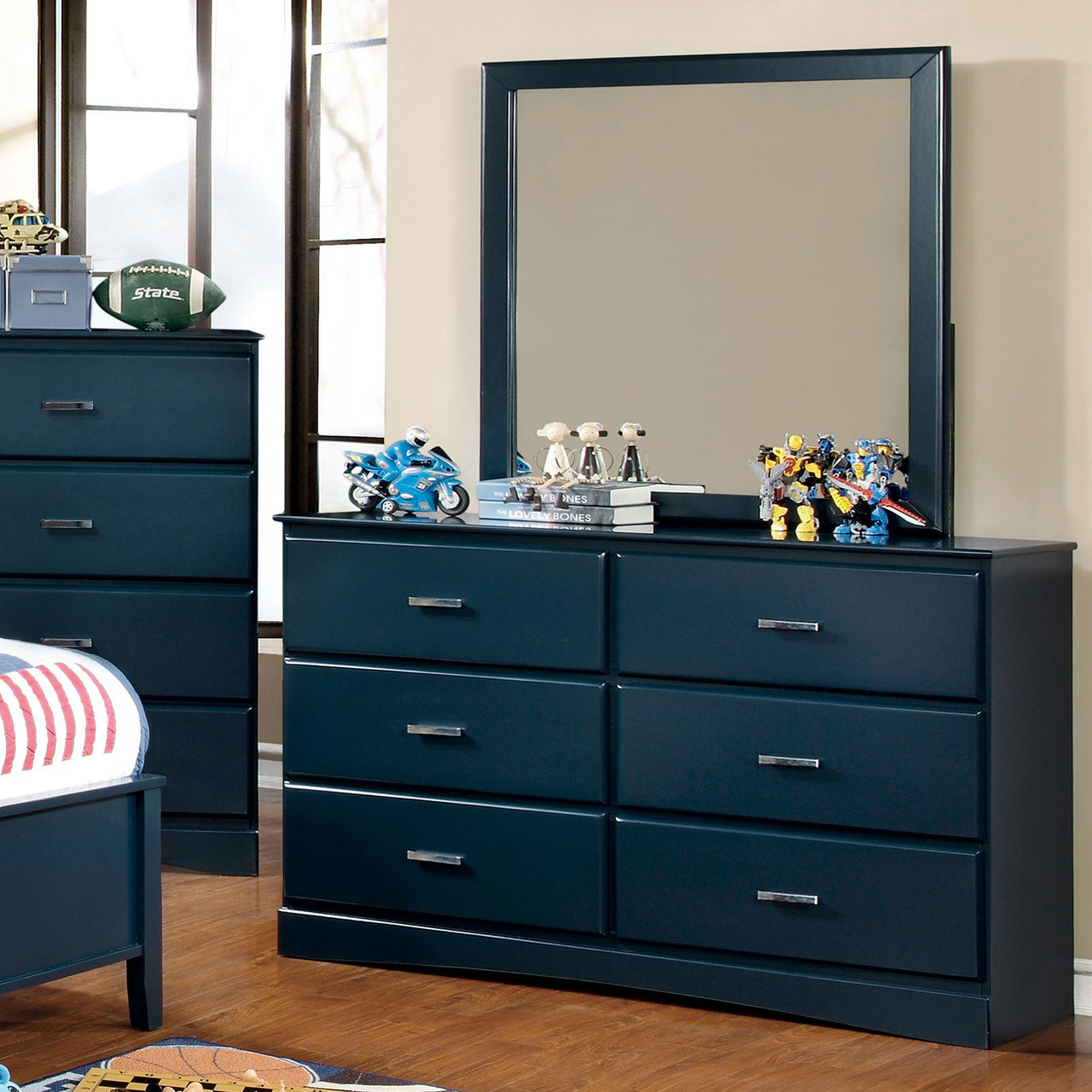 Navy blue dresser with mirror store
