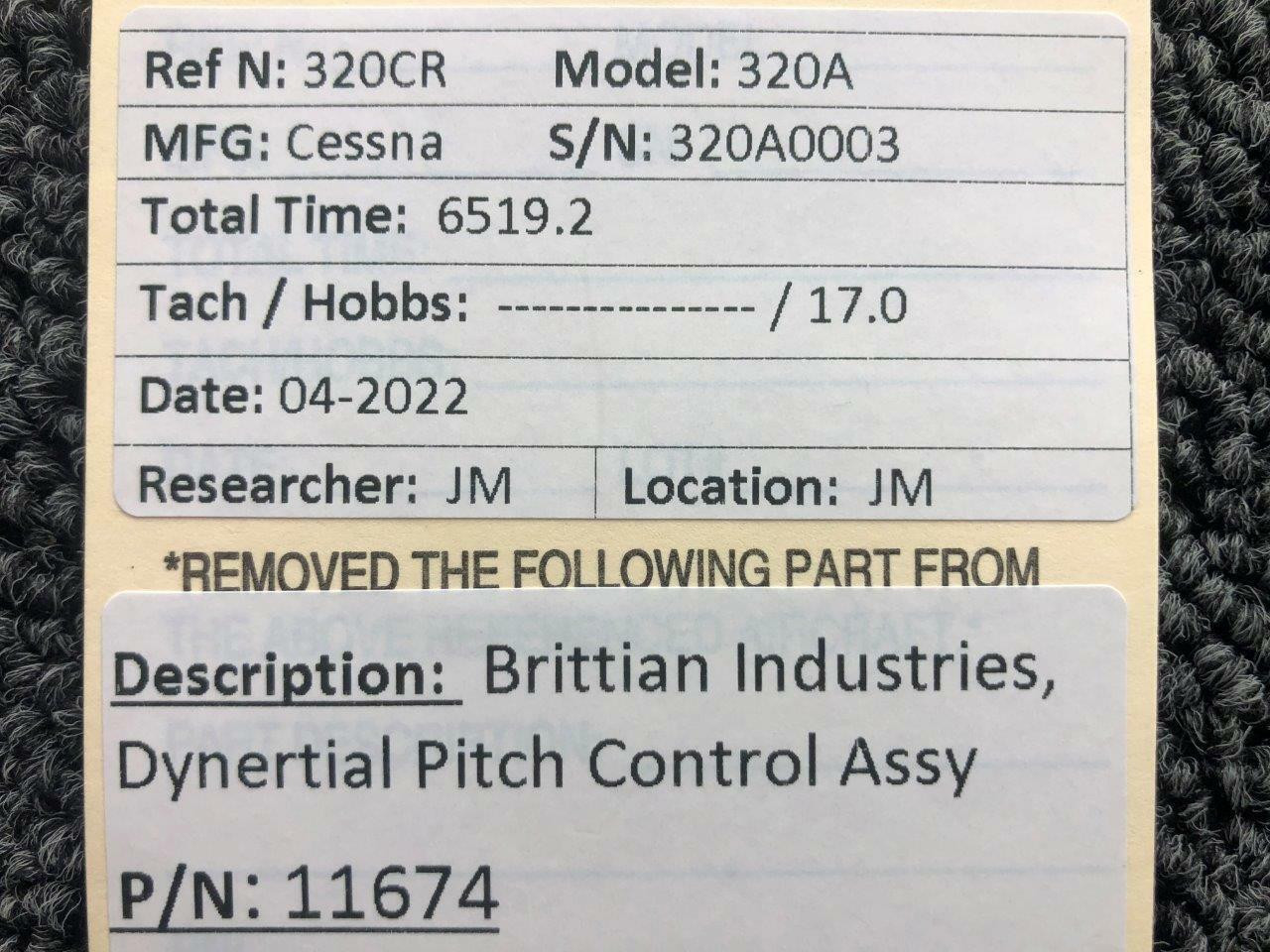11674 Brittain Industries Dynertial Pitch Control Assembly For Sale