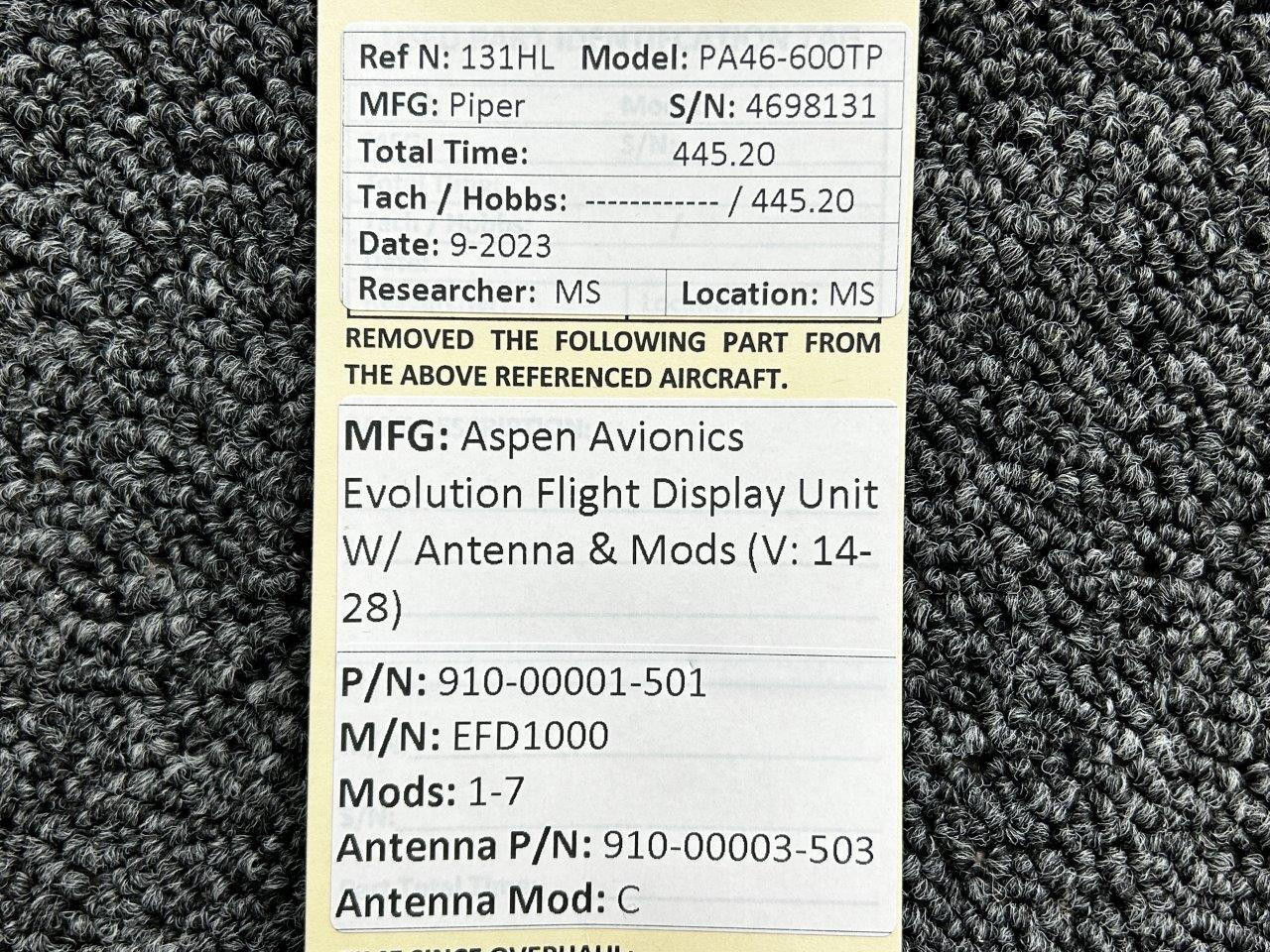 910-00001-501 Aspen EFD1000 Evolution Flight Display- Has Antenna and Mods