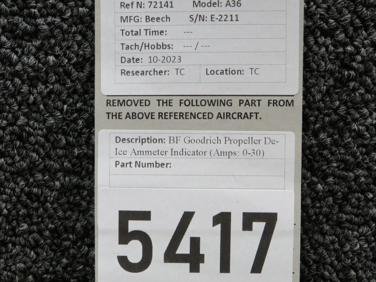 BF Goodrich Amps 0-30 Plane Propeller De Ice Ammeter Indicator Assembly