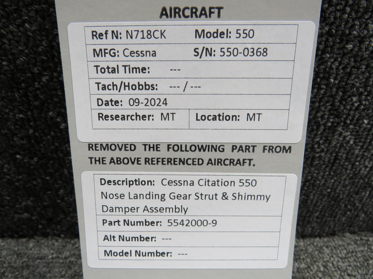 5542000-9 Cessna Citation 550 Nose Landing Gear Strut and Shimmy Damper ...