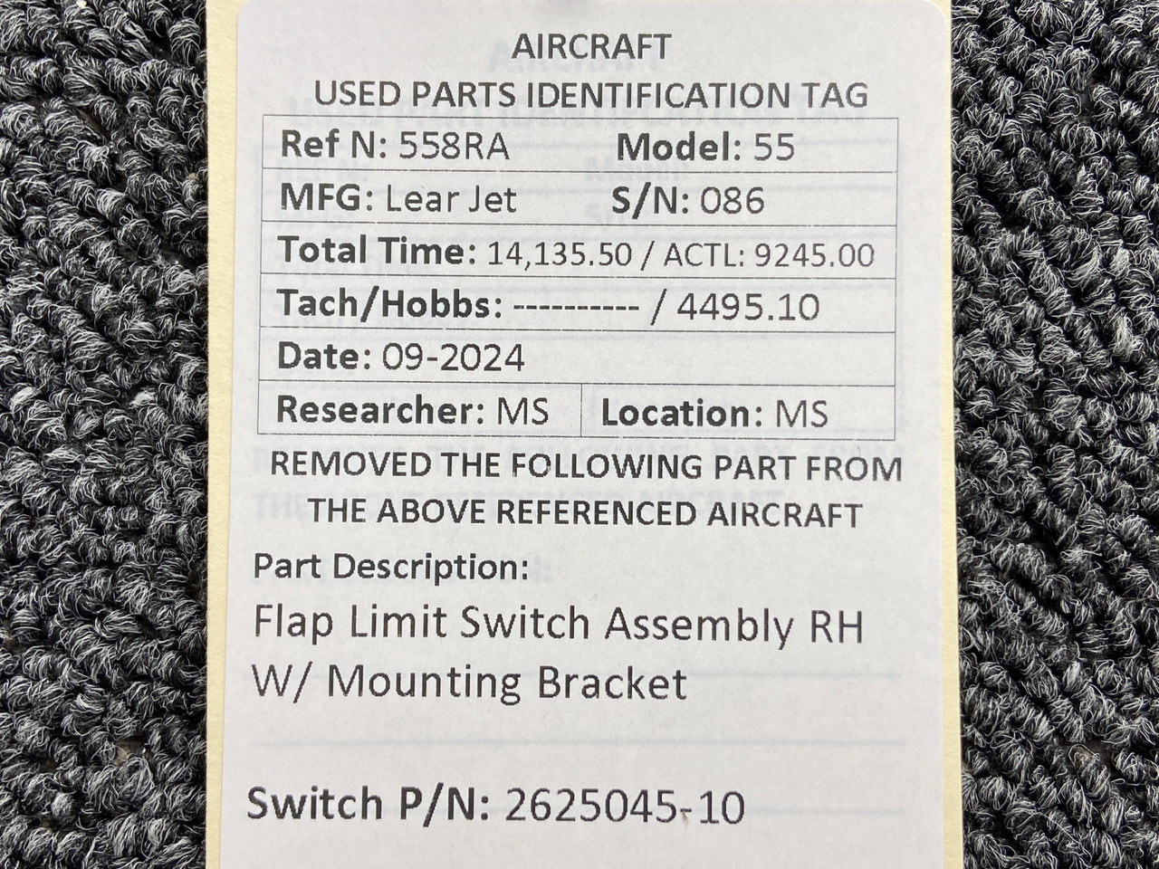 2625045-10 Lear Jet 55 Flap Limit Switch Assembly RH with Mounting Bracket