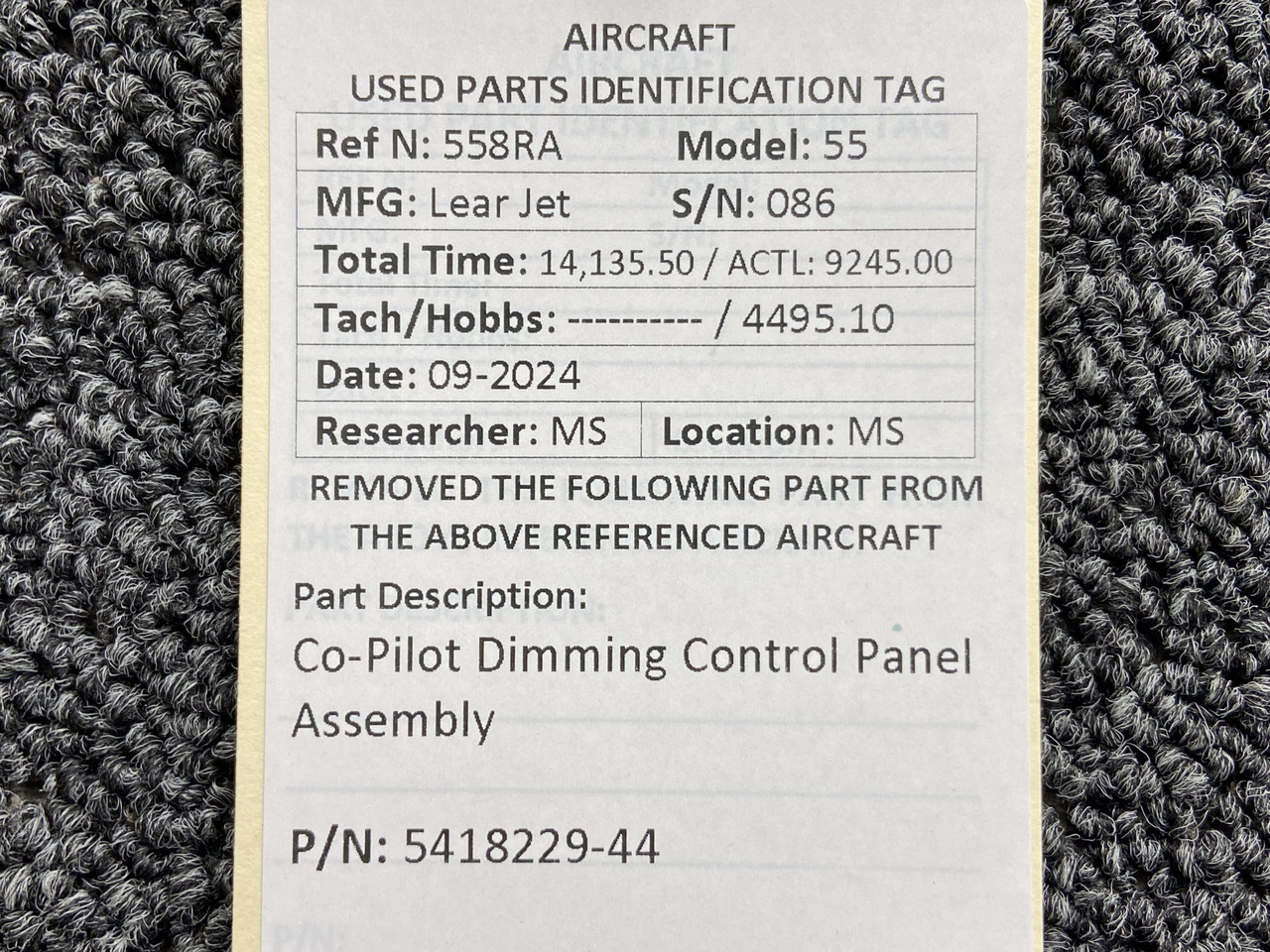 5418229-44 Lear Jet 55 Co-Pilot Dimming Control Panel Assembly For Sale