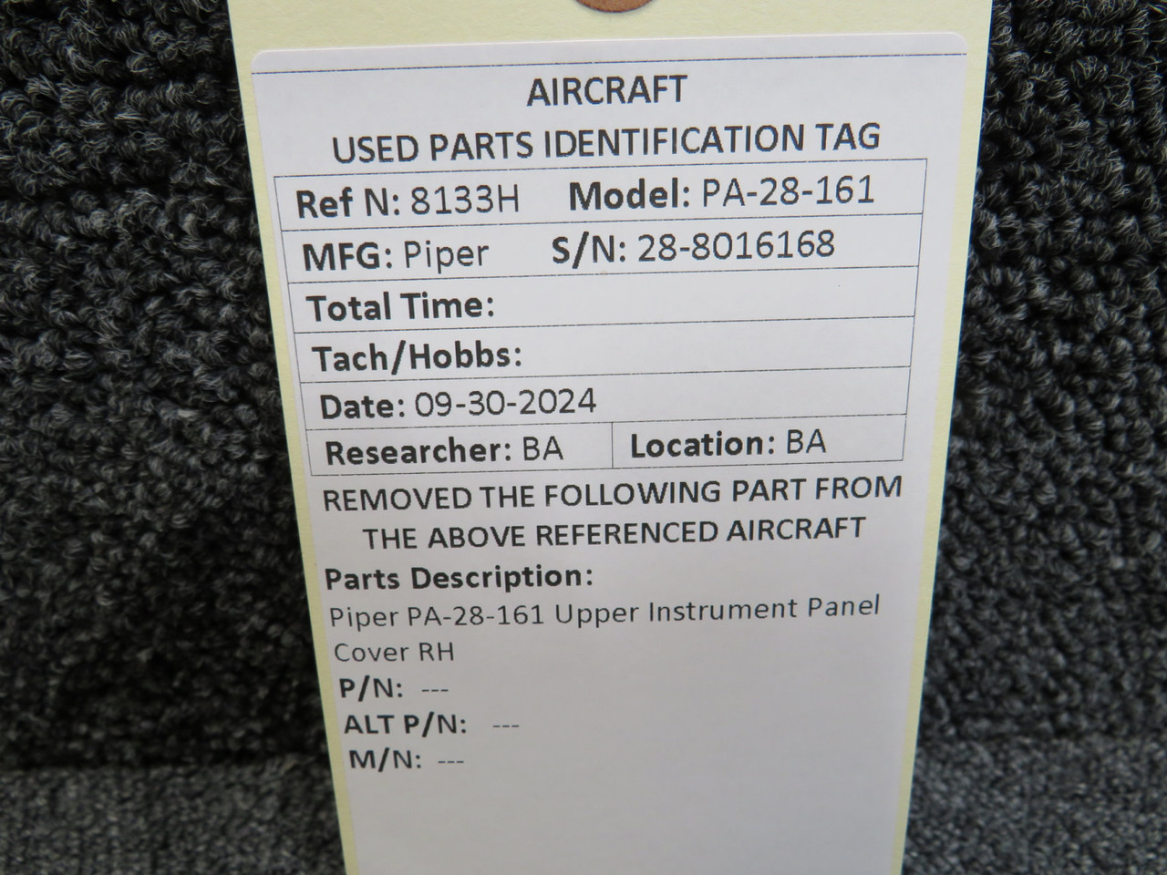 Piper PA28-161 Upper Instrument Panel Cover Right Hand