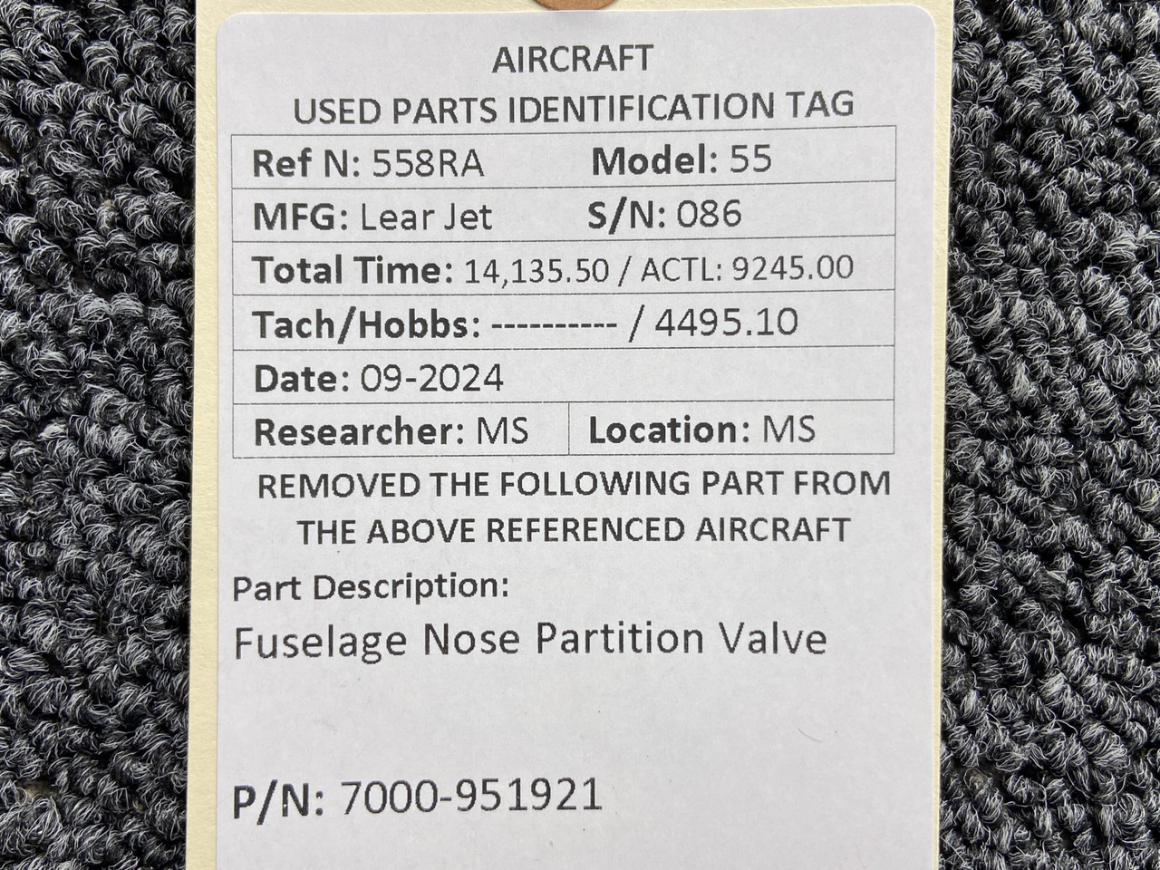 7000-951921 Lear Jet 55 Fuselage Nose Partition Valve For Sale
