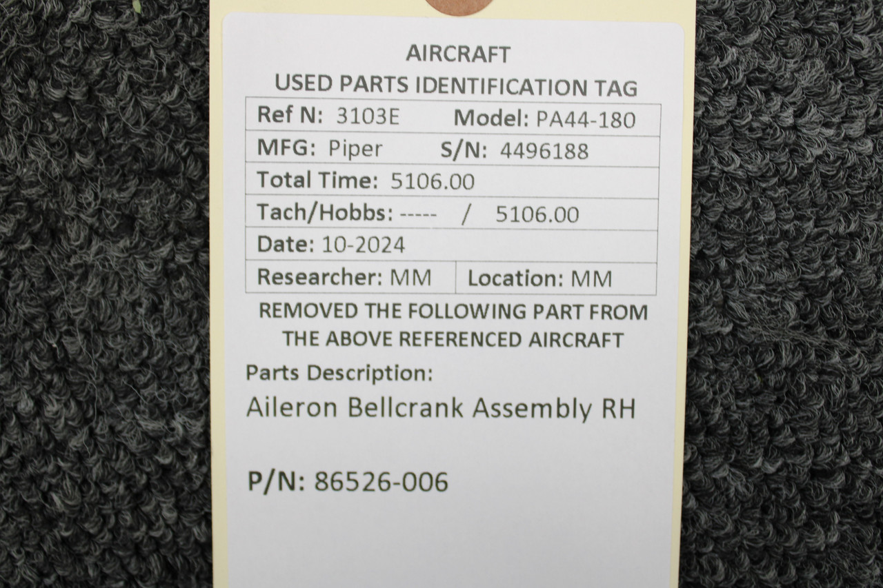 86526-006 Piper PA44-180 Aileron Bellcrank Assembly Right Hand
