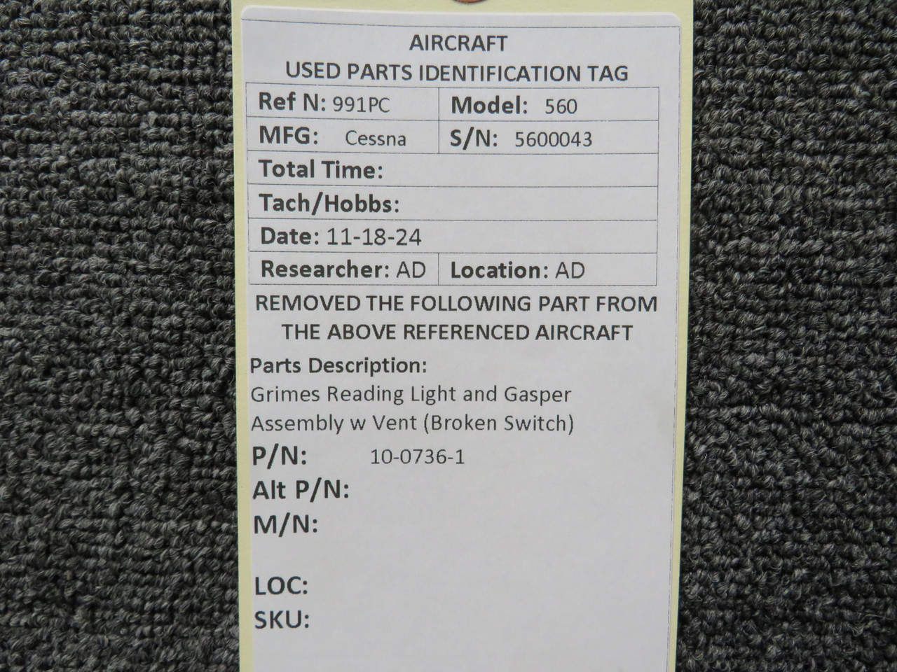 10-0736-1 Grimes Reading Light and Gasper Assembly and Vent (Broken Switch)