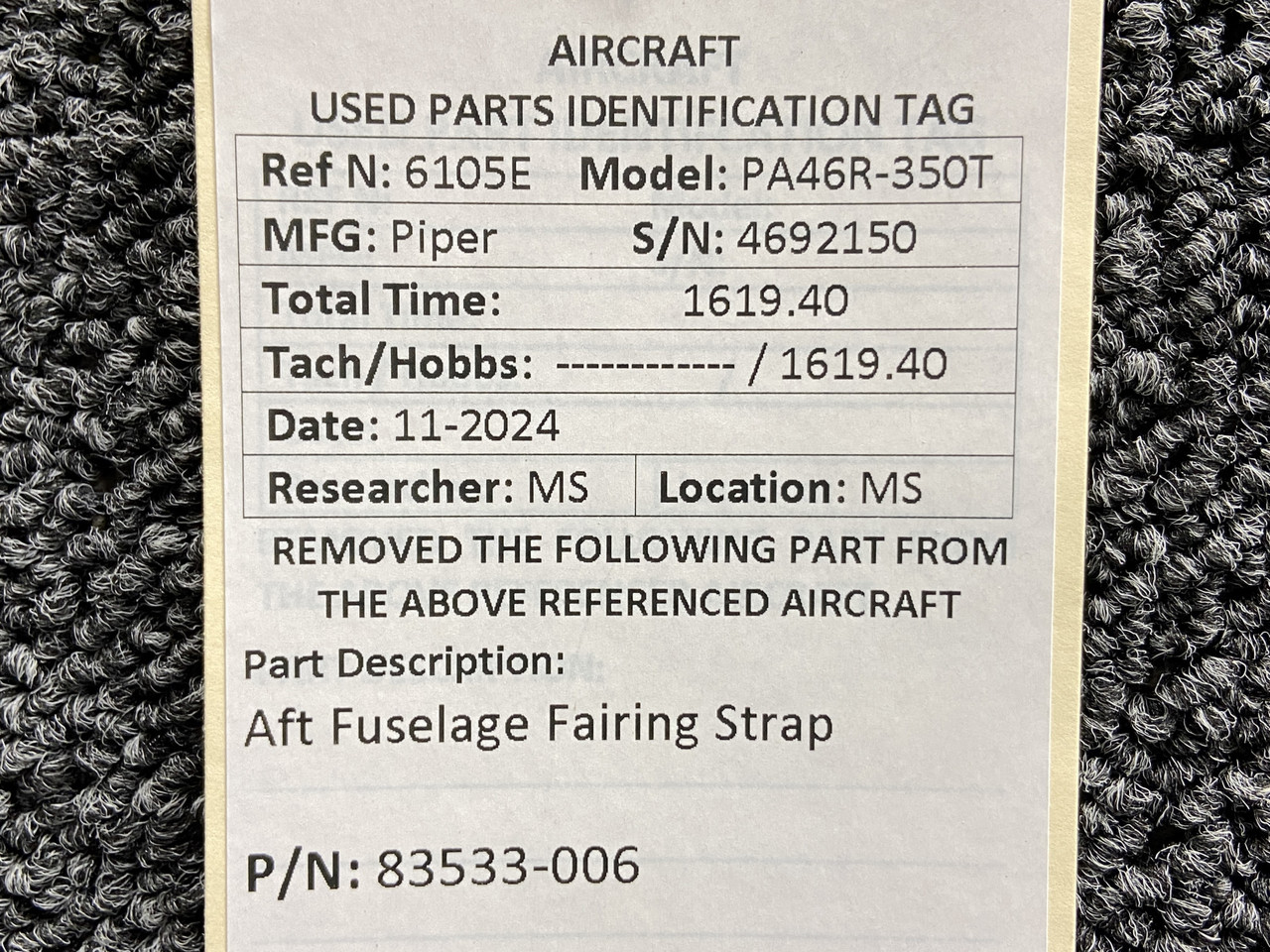 83533-006 Piper PA46R-350T Aft Fuselage Fairing Strap (Colored) For Sale