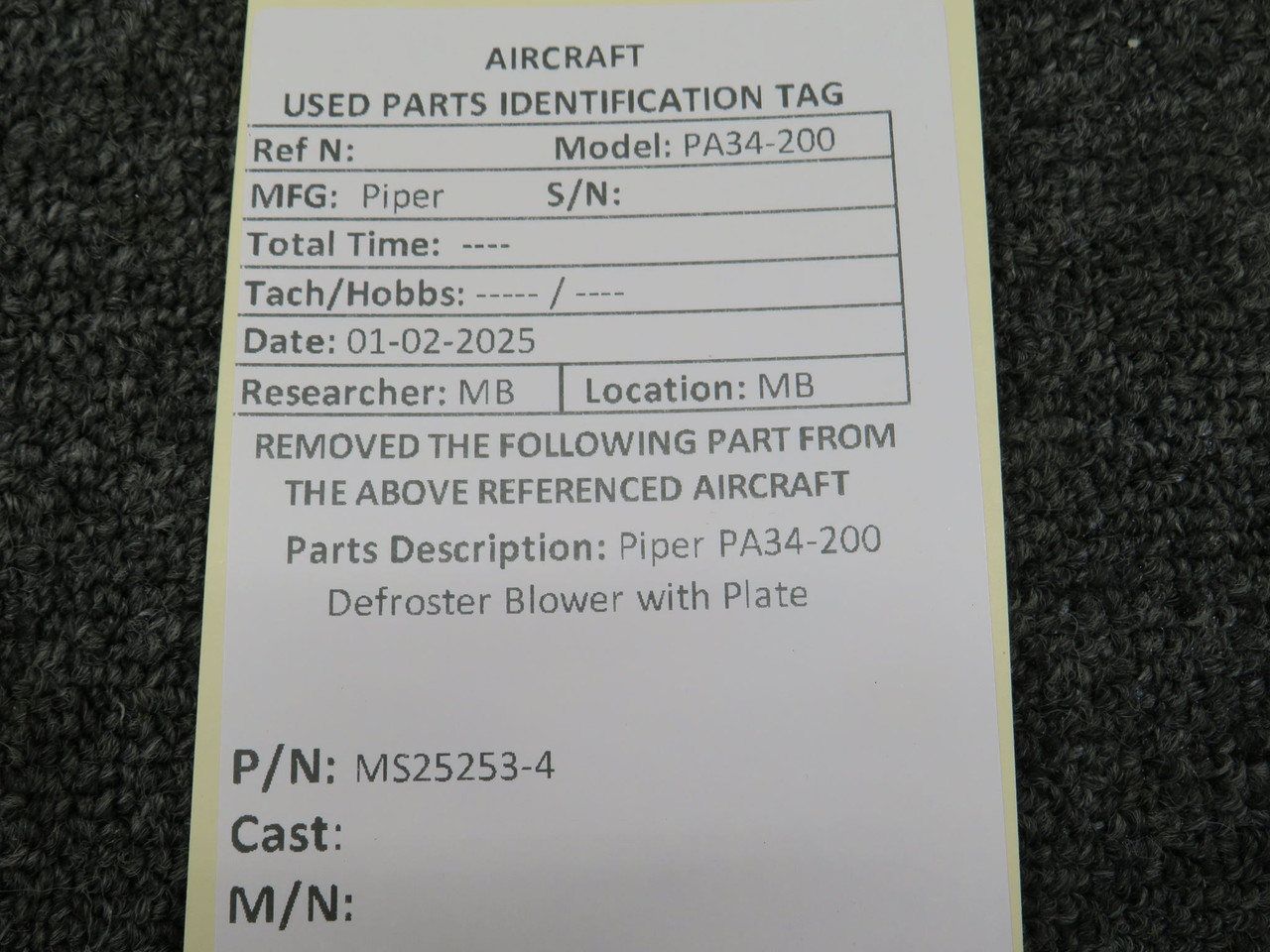 MS25253-4 Piper PA34-200 Defroster Blower and Plate