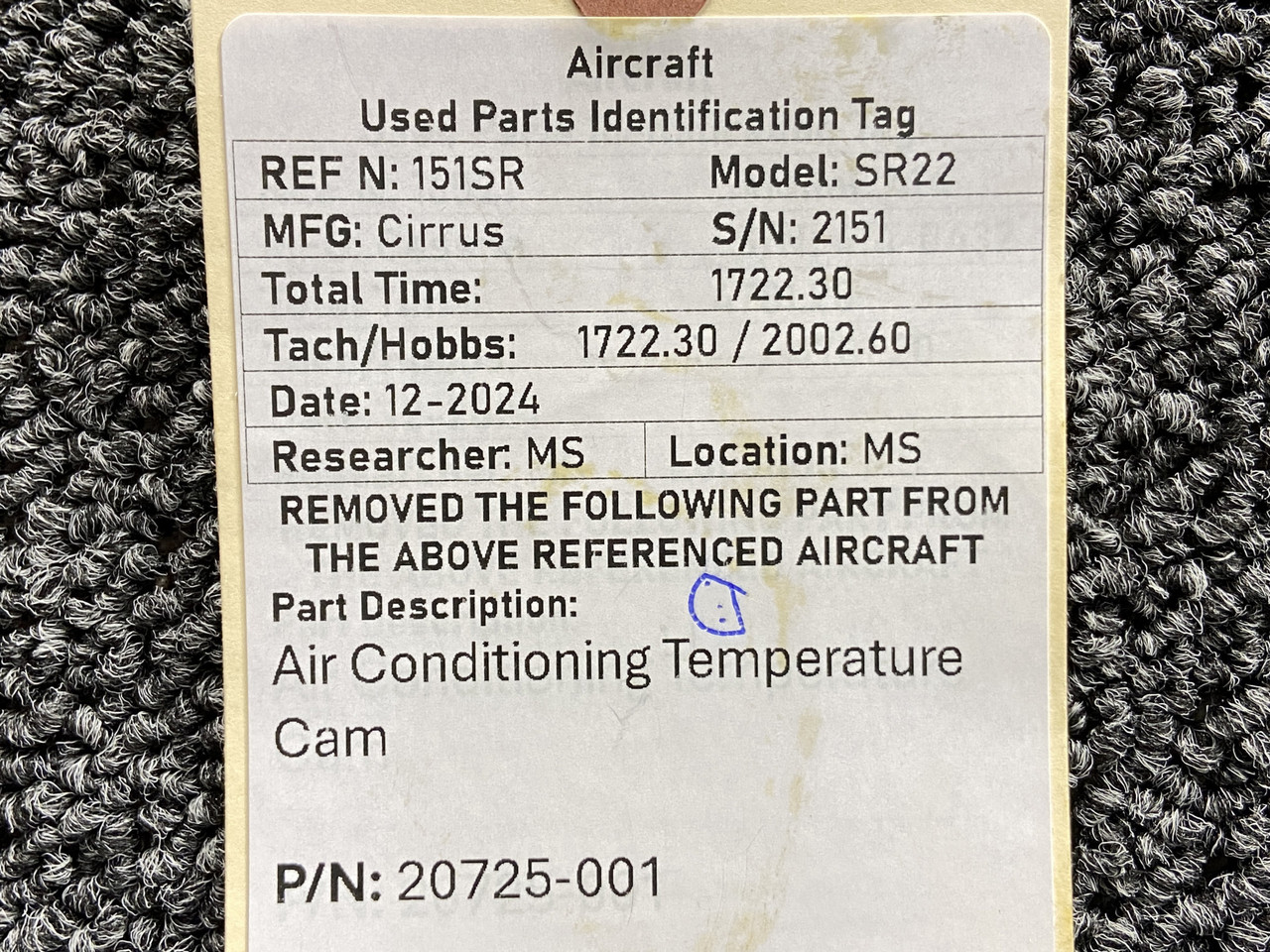 20725-001 Cirrus SR22 Air Conditioning Temperature Cam For Sale
