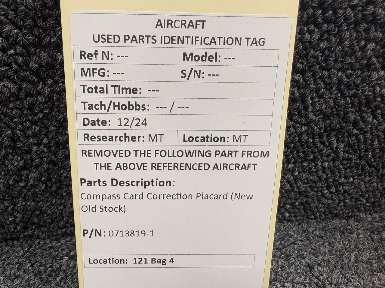 0713819-1 Compass Card Correction Placard (New Old Stock) For Sale