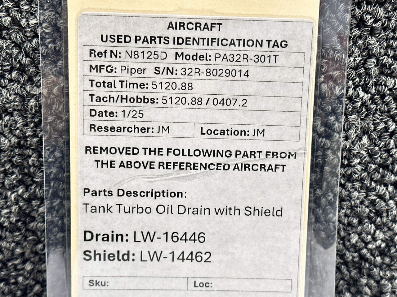 LW-16446, LW-14462 Lycoming TIO-540-S1AD Tank Turbo Oil Drain with Shield
