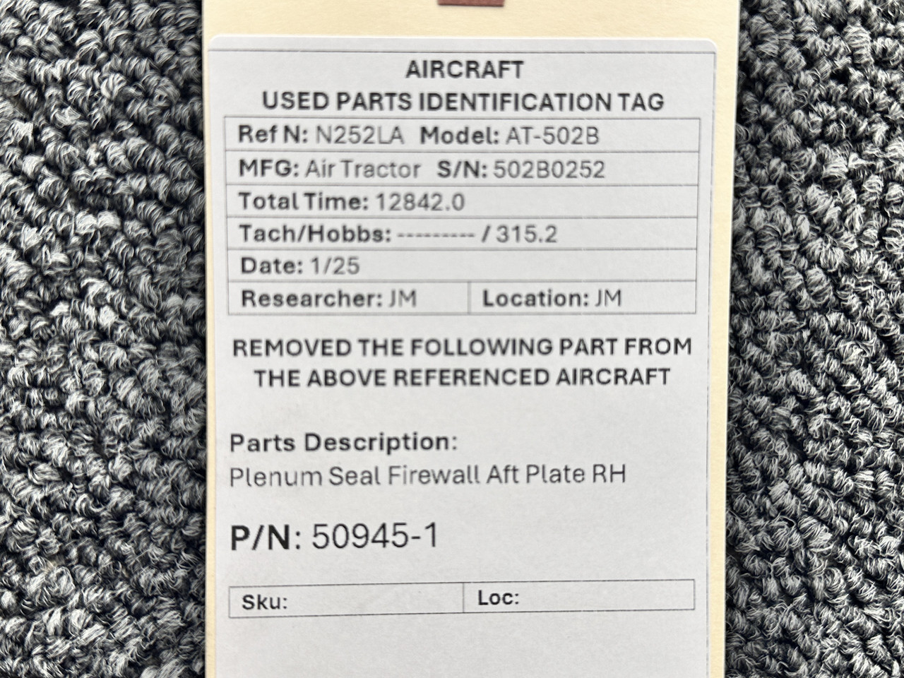 50945-1 Air Tractor AT-502B RH Plenum Seal Firewall Aft Plate