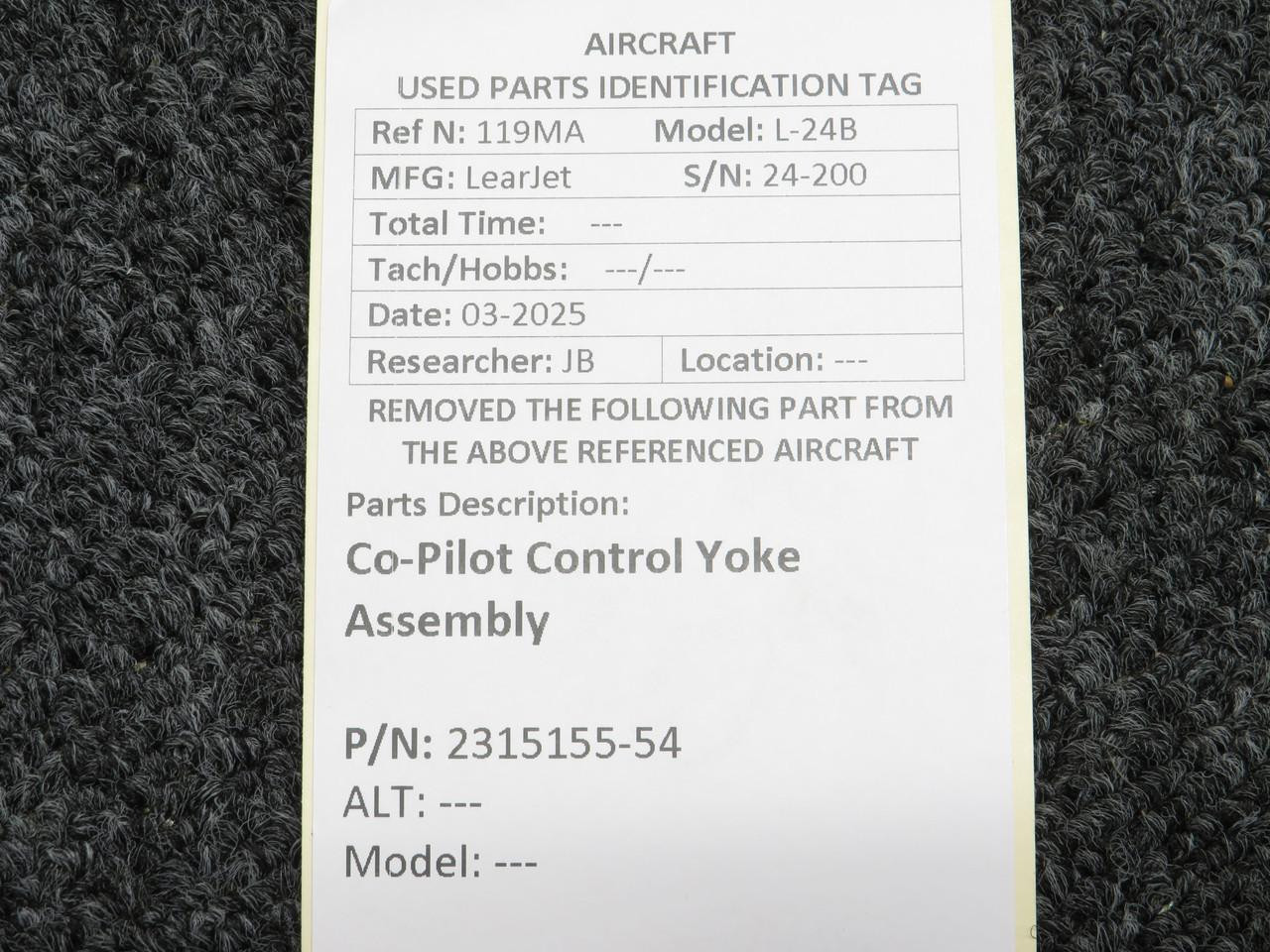2315155-54 LearJet L-24B Co-Pilot Control Yoke Assembly For Sale