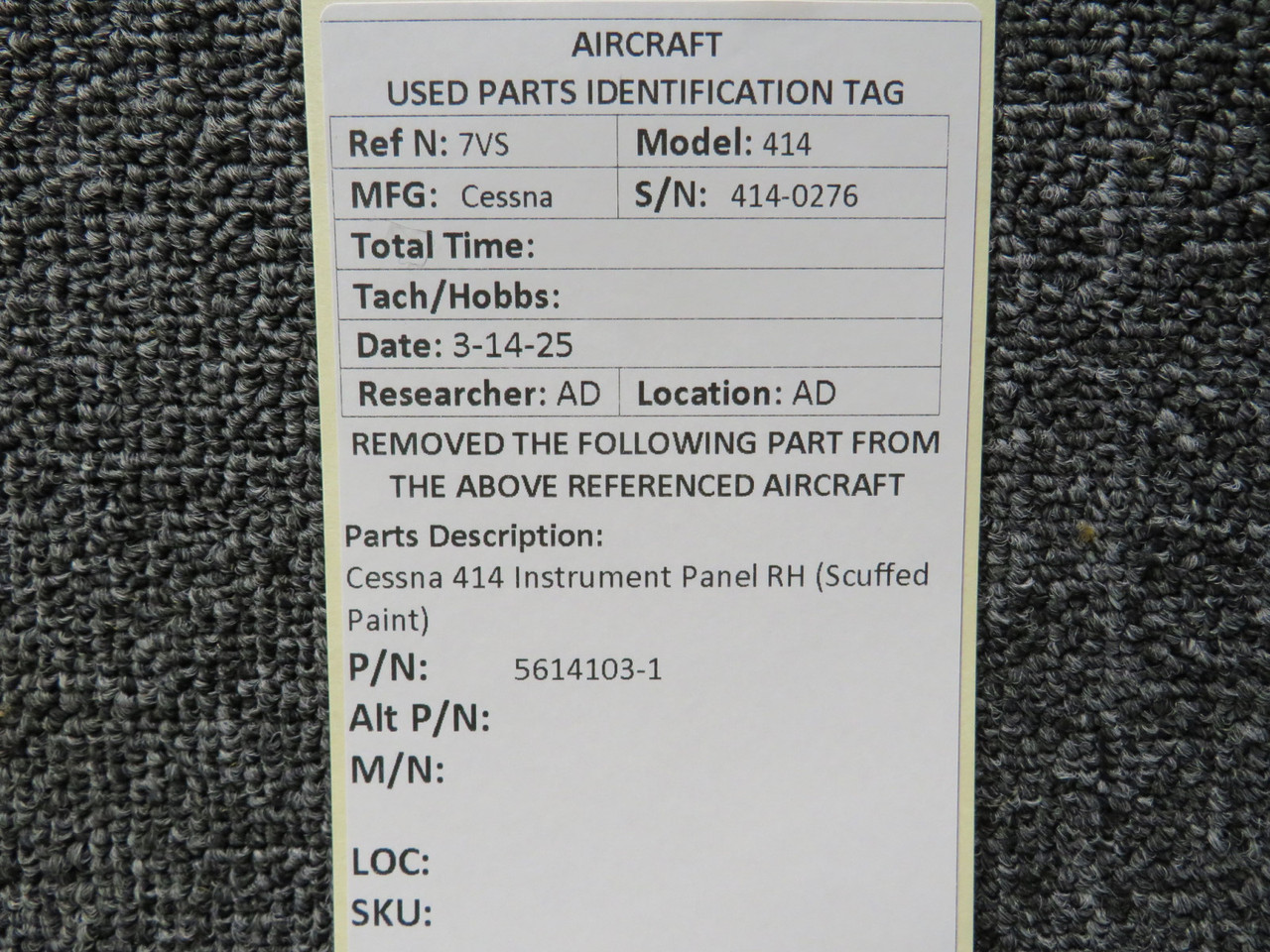 5614103-1 Cessna 414 Instrument Panel RH (Scuffed Paint) For Sale