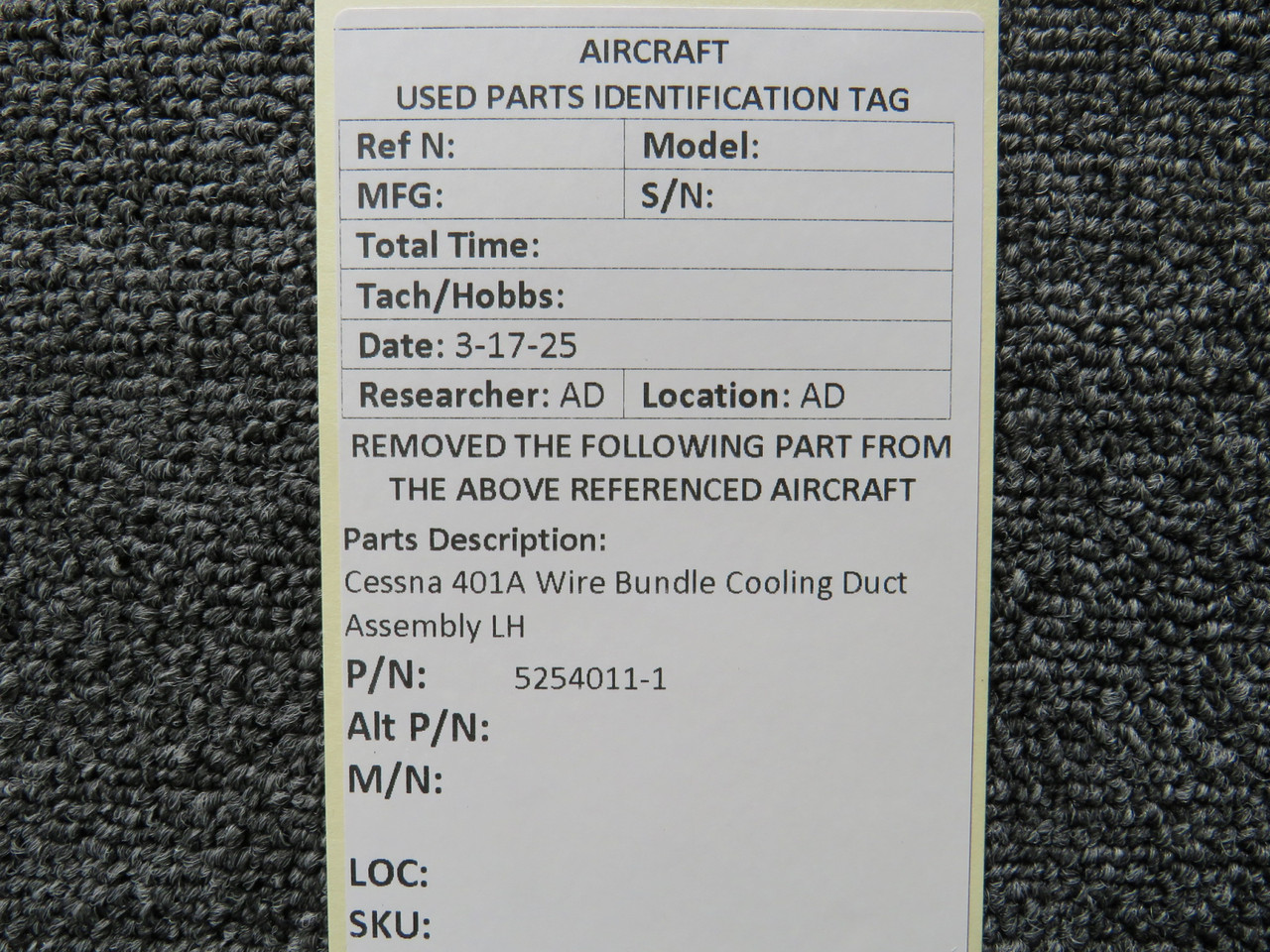 5254011-1 Cessna 401A Wire Bundle Cooling Duct Assembly LH For Sale