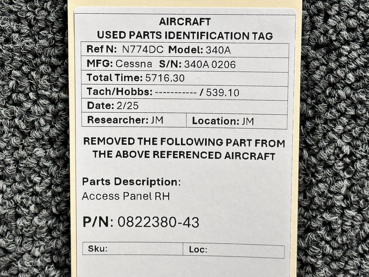 0822380-43 Cessna 340A Right Hand Access Panel