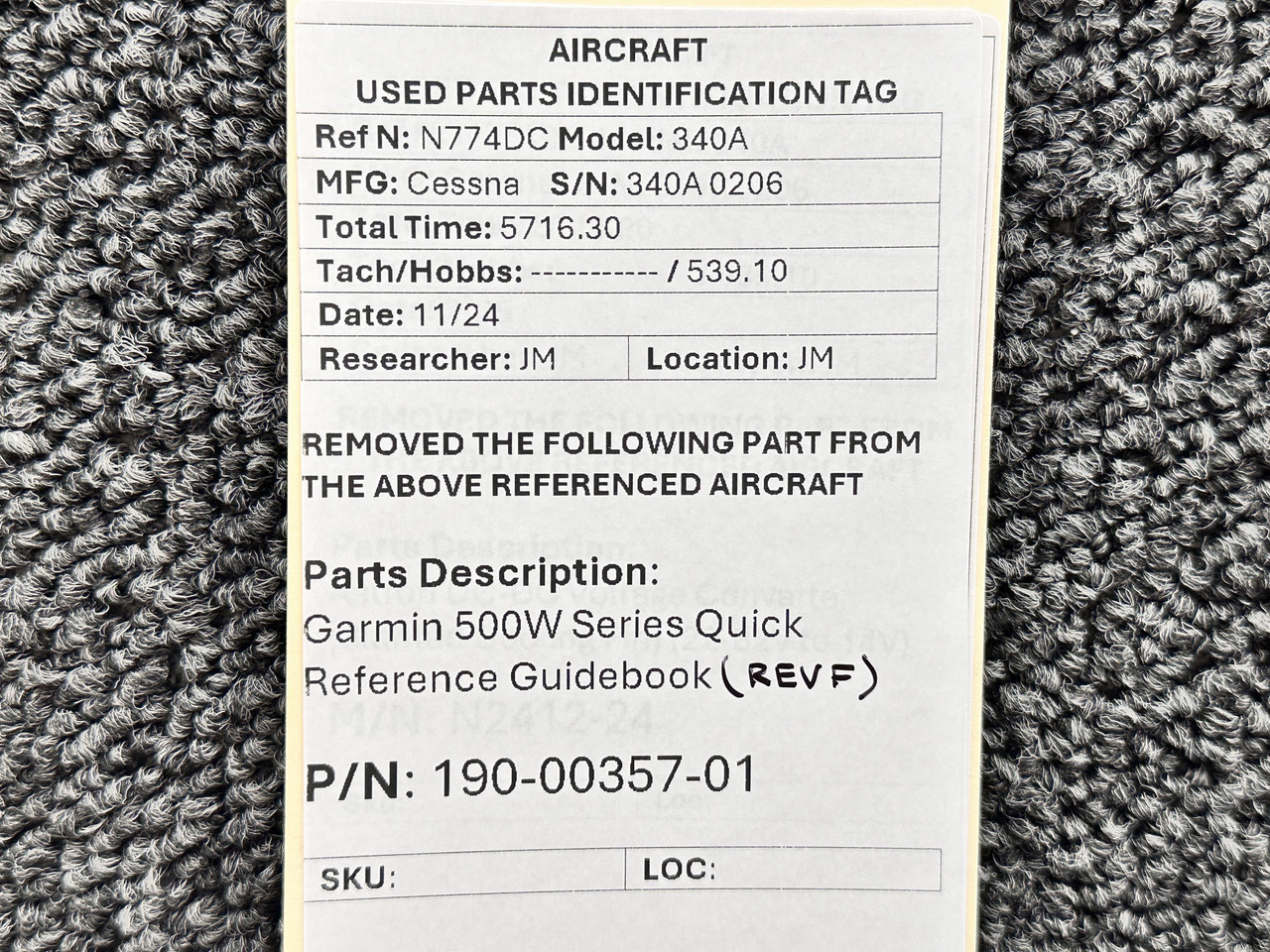 190-00357-01 Garmin 500W Series Quick Reference Guidebook (Rev F) For Sale