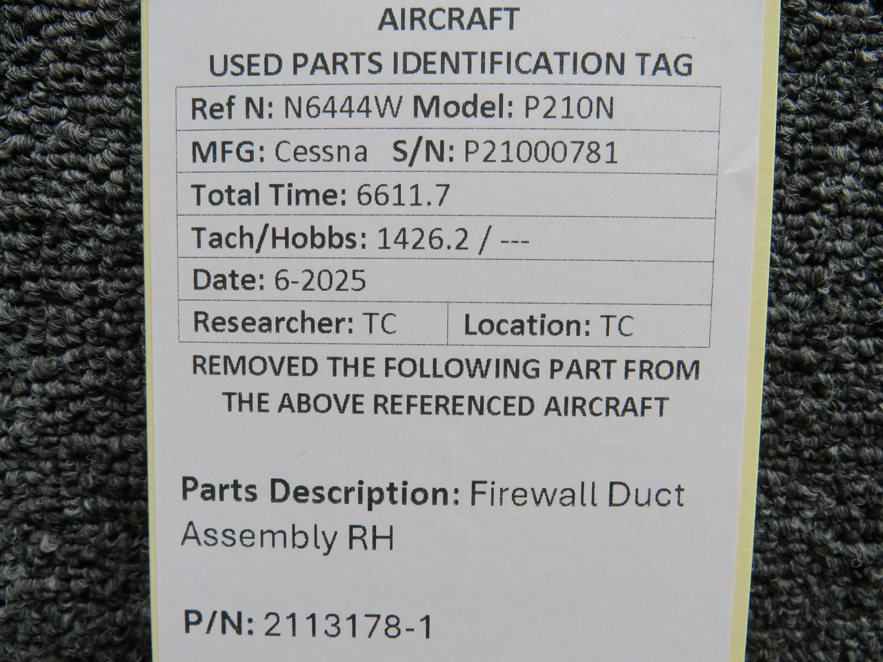 2113178-1 Cessna P210N Firewall Duct Assembly Right Hand