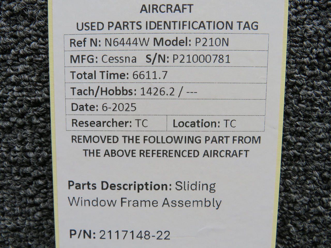 2117148-22 Cessna P210N Frame Assembly for Sliding Window