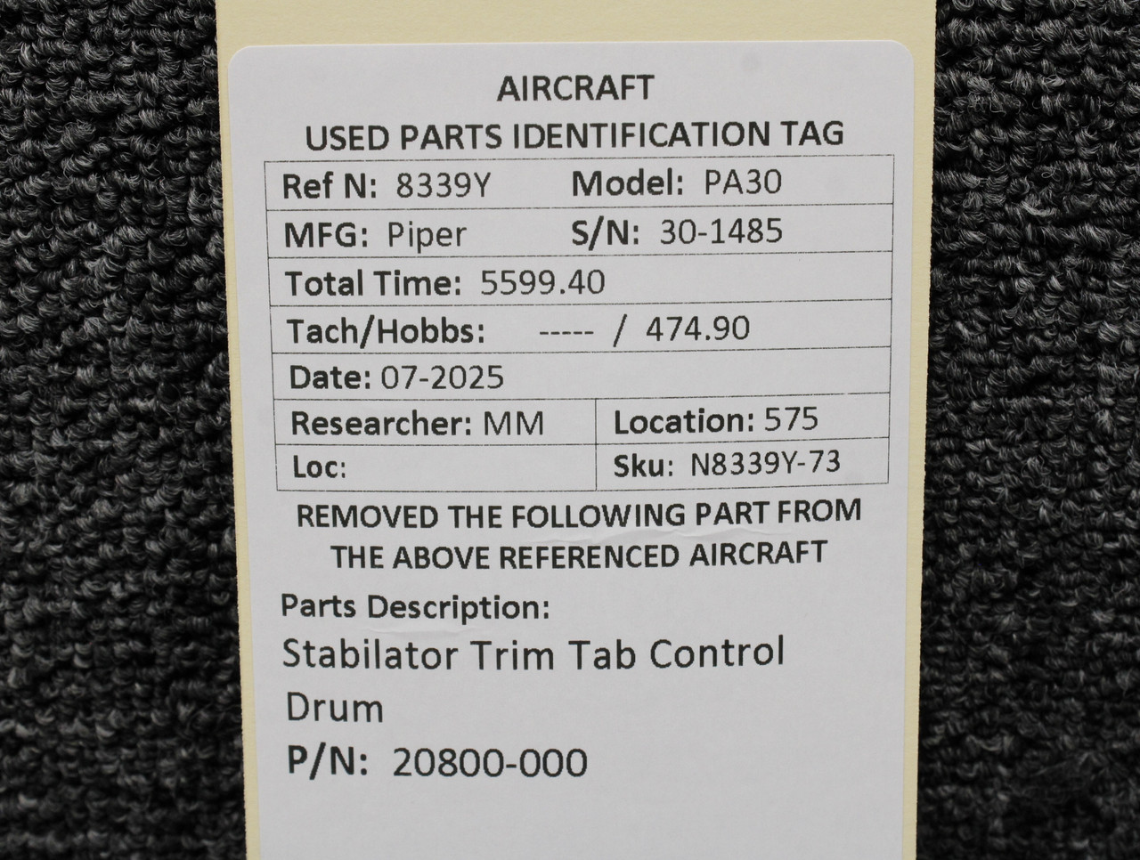 20800-000 Piper PA30 Stabilator Trim Tab Control Drum For Sale