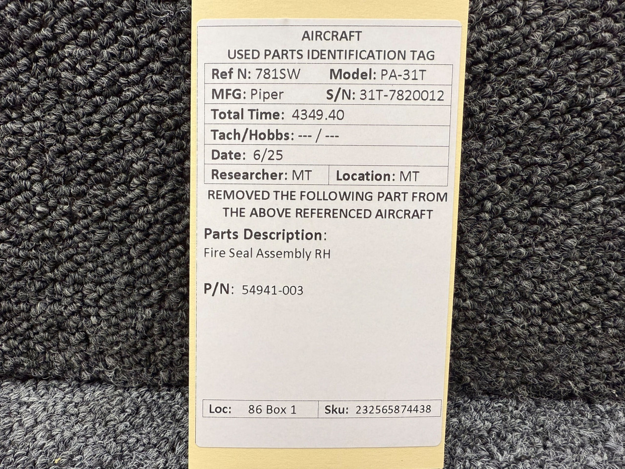 54941-003 Piper PA-31T Fire Seal Assembly Right Hand