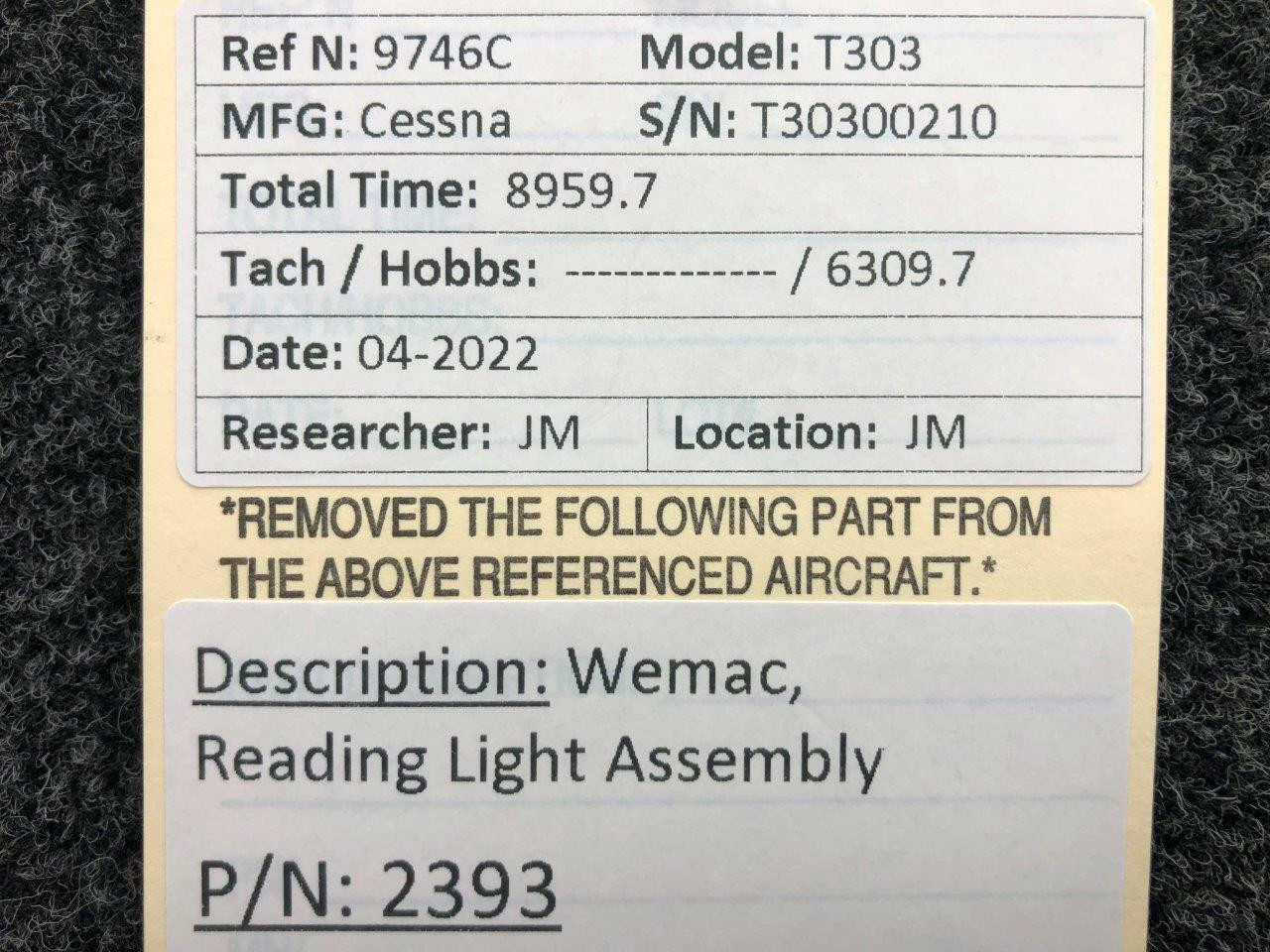 2393 Wemac Reading Light Assembly For Sale