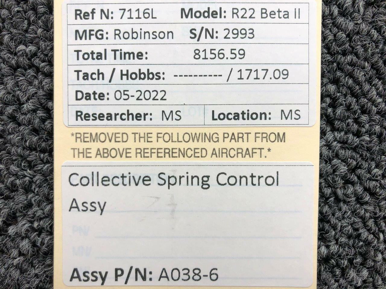 A038-6 Robinson R22 Beta II Collective Spring Control Assembly For Sale