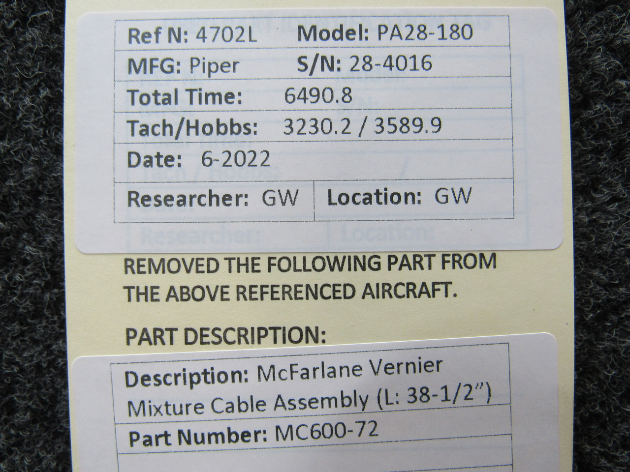 MC600-72 Piper PA28-180 McFarlane Vernier Mixture Control Cable (L: 38 ...