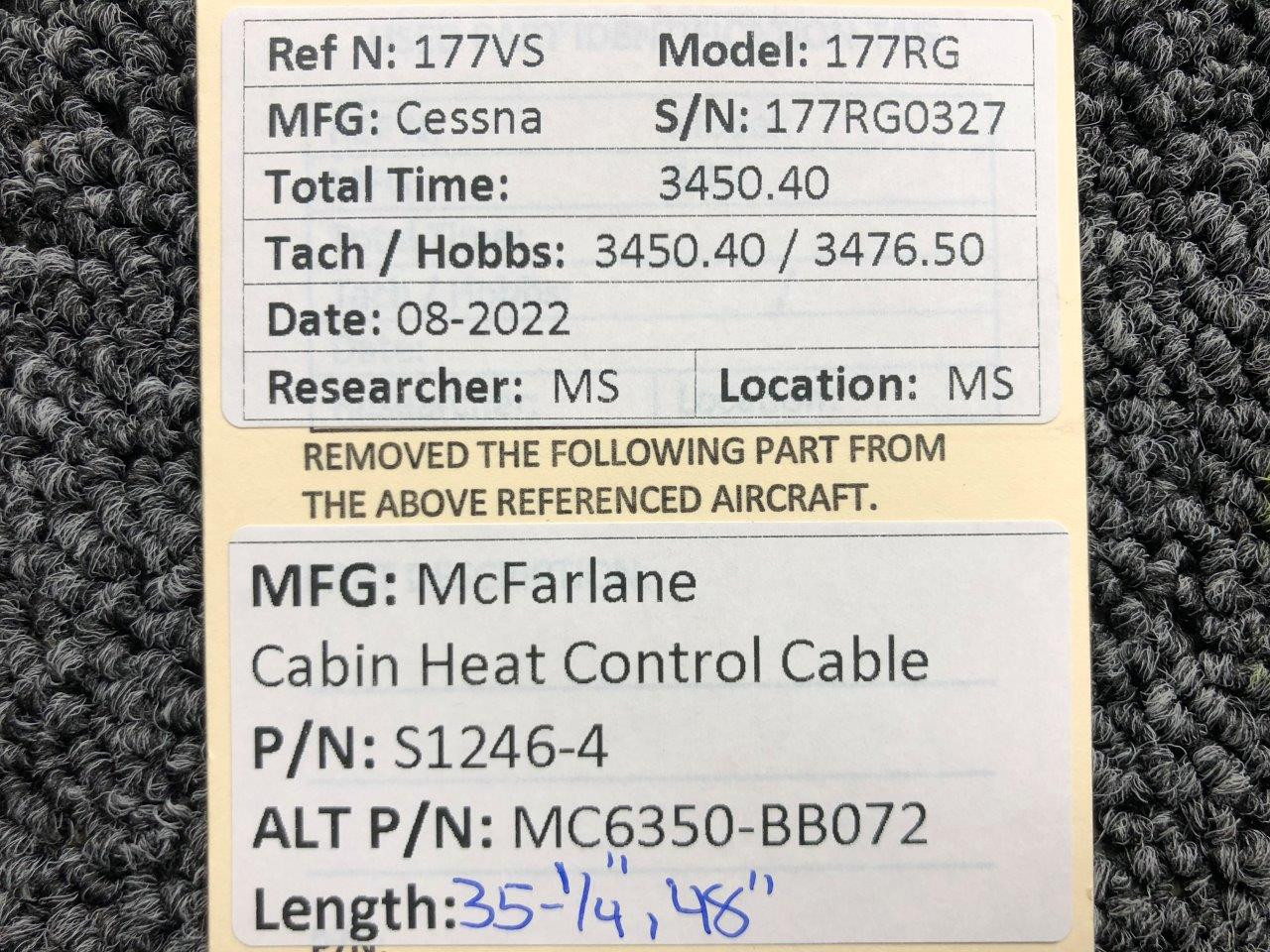 S1246-4 (ALT: MC6350-BB072) McFarlane Dual Cabin Heat Control Cable