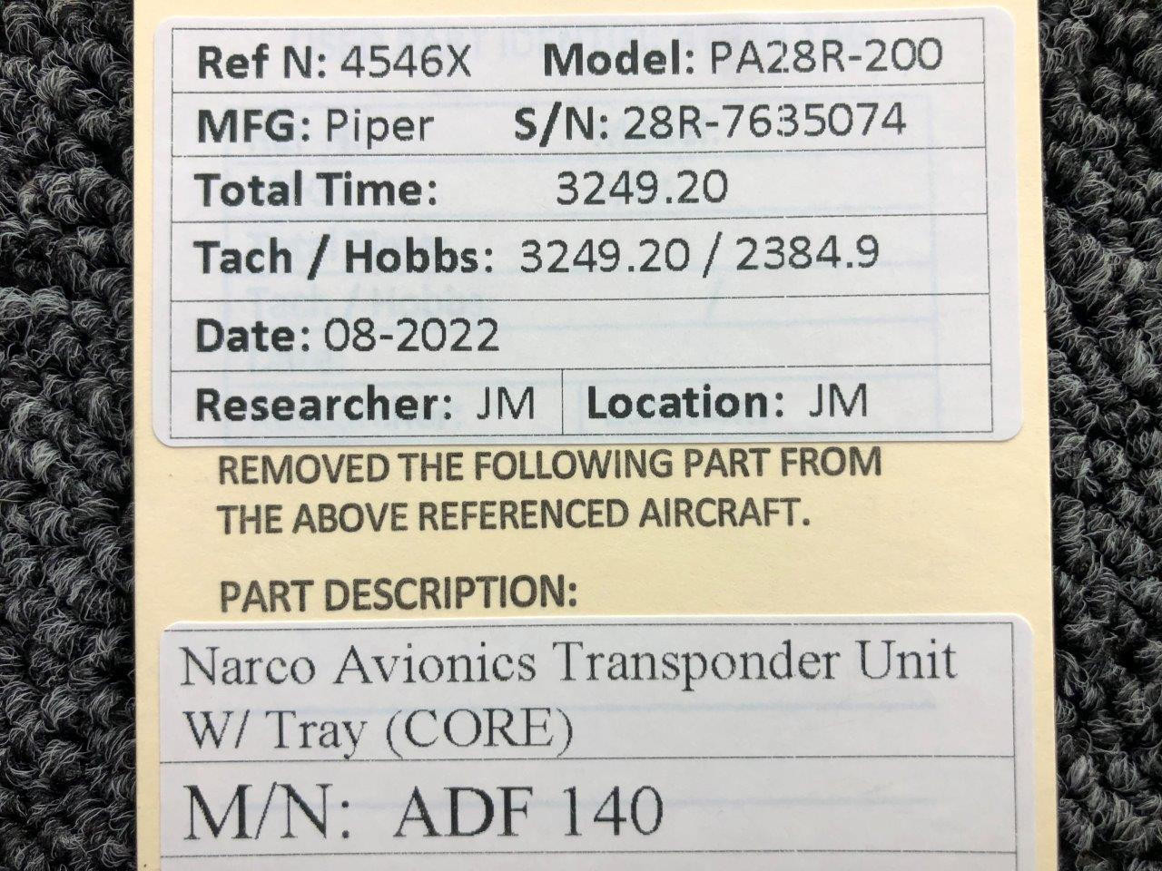 ADF 140 Narco Avionics Transponder Unit with Tray (Core) For Sale