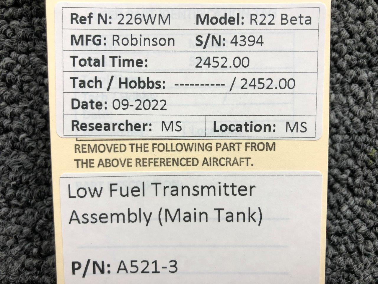 A521-3 Robinson R22 Beta Low Fuel Transmitter Assembly (Main Tank) For Sale