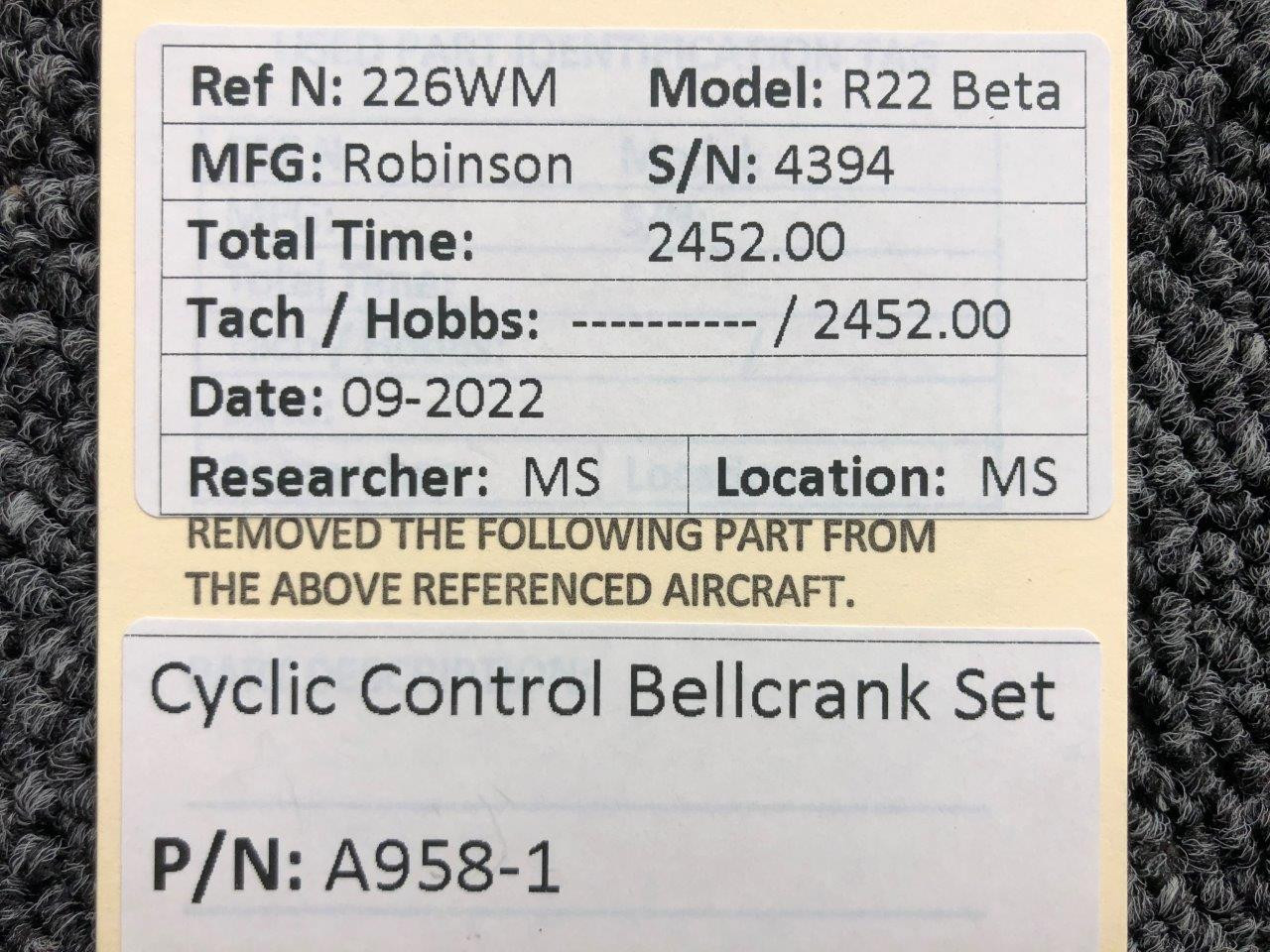 A958-1 Robinson R22 Beta Cyclic Control Bellcrank Set For Sale