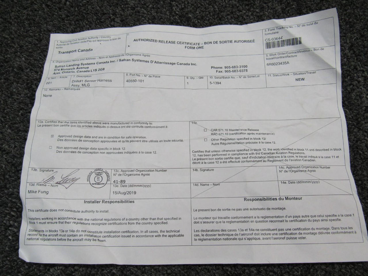 40550-101 Safran DNLK #1 Sensor Harness (NEW OLD STOCK W/ Form 1) (SA)