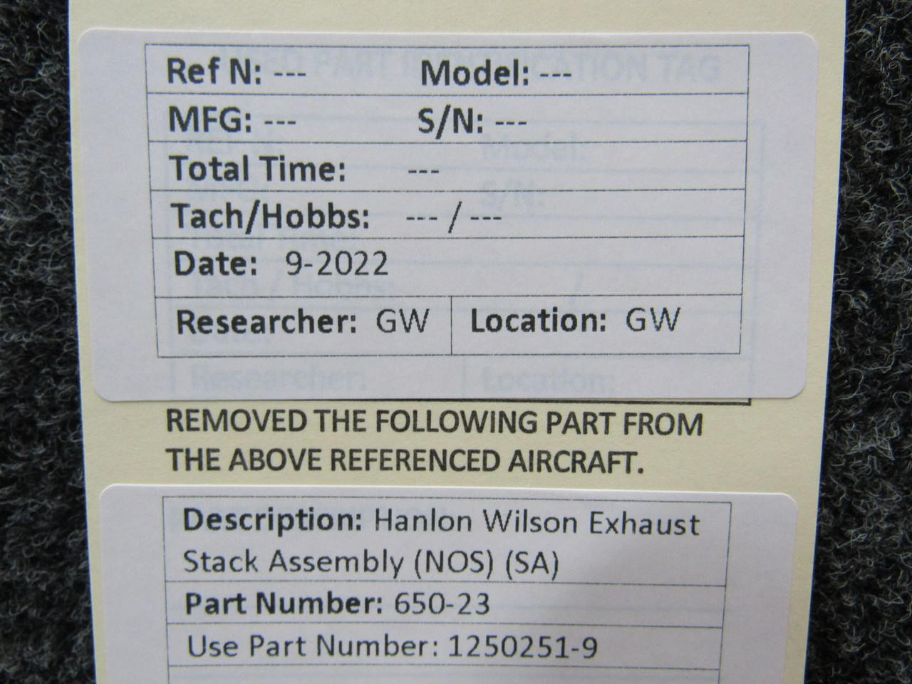 650-26 (USE: 1250251-9) Hanlon Wilson Exhaust Stack Assembly (NOS) (SA)