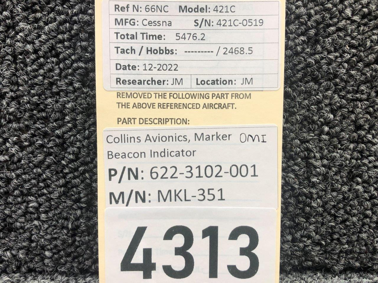 622-3102-001 Collins Avionics MKL-351 OMI Marker Beacon Indicator