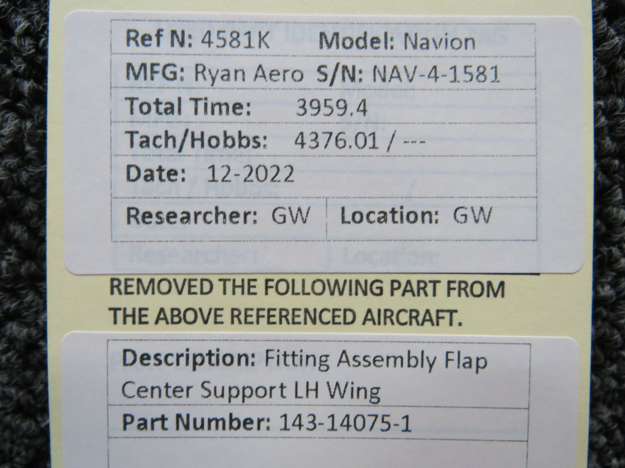 143-14075-1 Ryan Navion Fitting Assembly Flap Center Support LH Wing