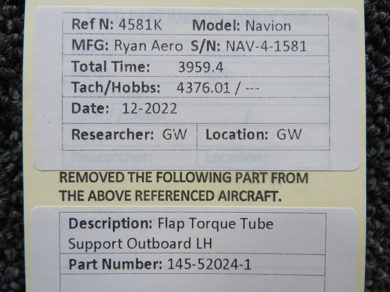 145-52024-1 Ryan Navion Flap Torque Tube Support Outboard LH