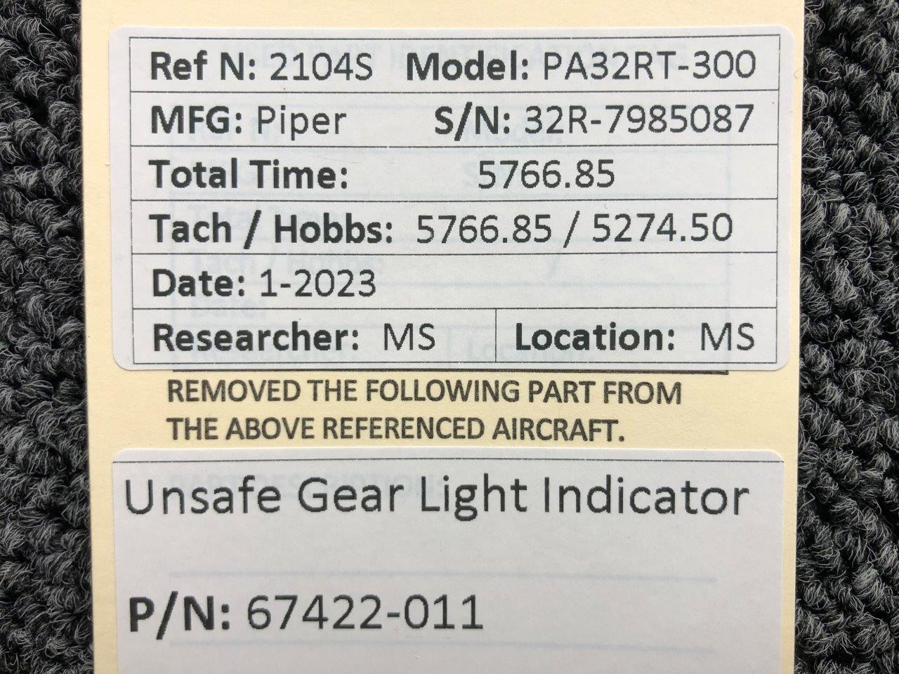 67422-011 Piper PA32RT-300 Unsafe Gear Light Indicator For Sale