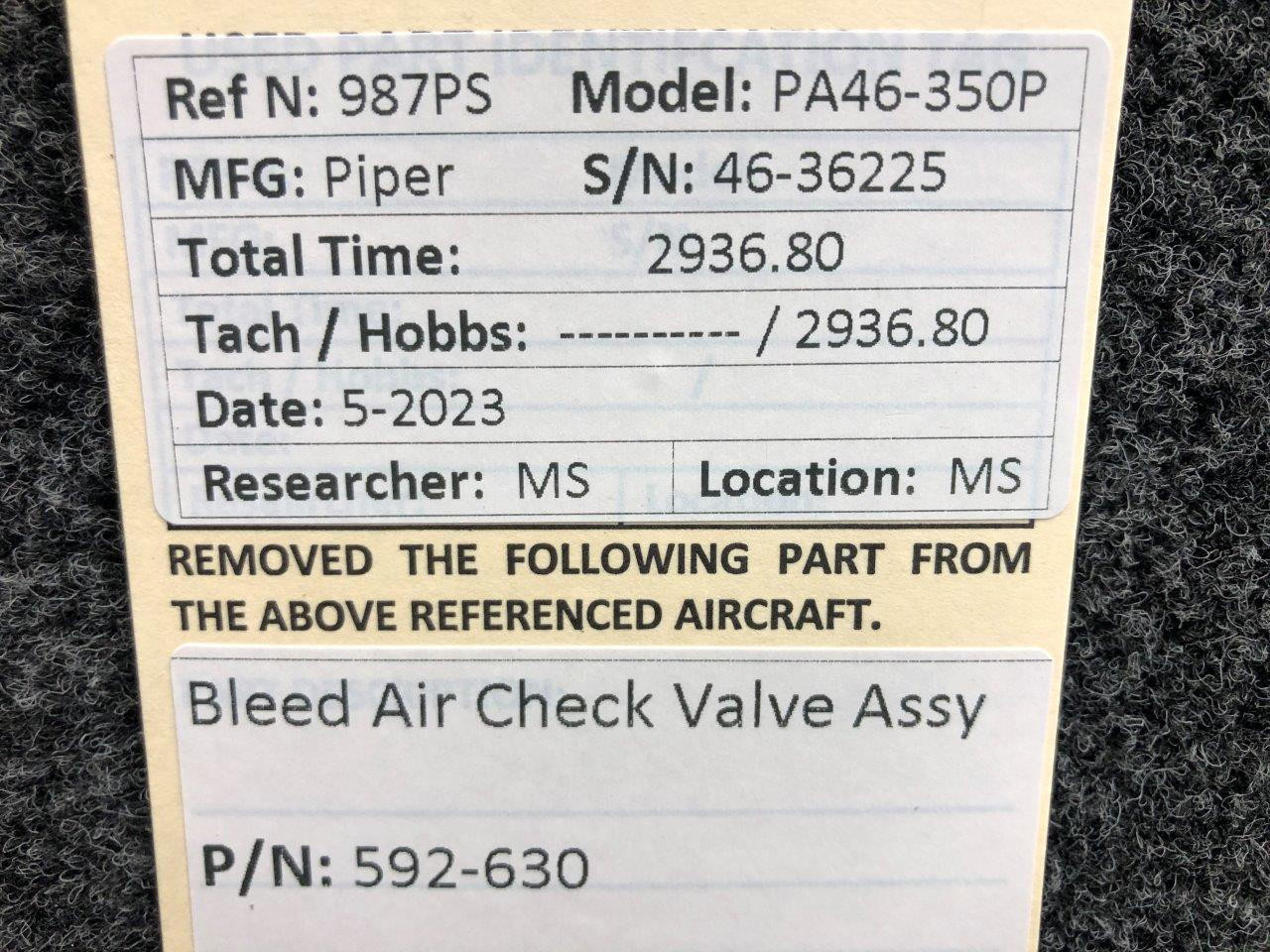 592-630 Piper PA46-350P Bleed Air Check Valve Assembly For Sale