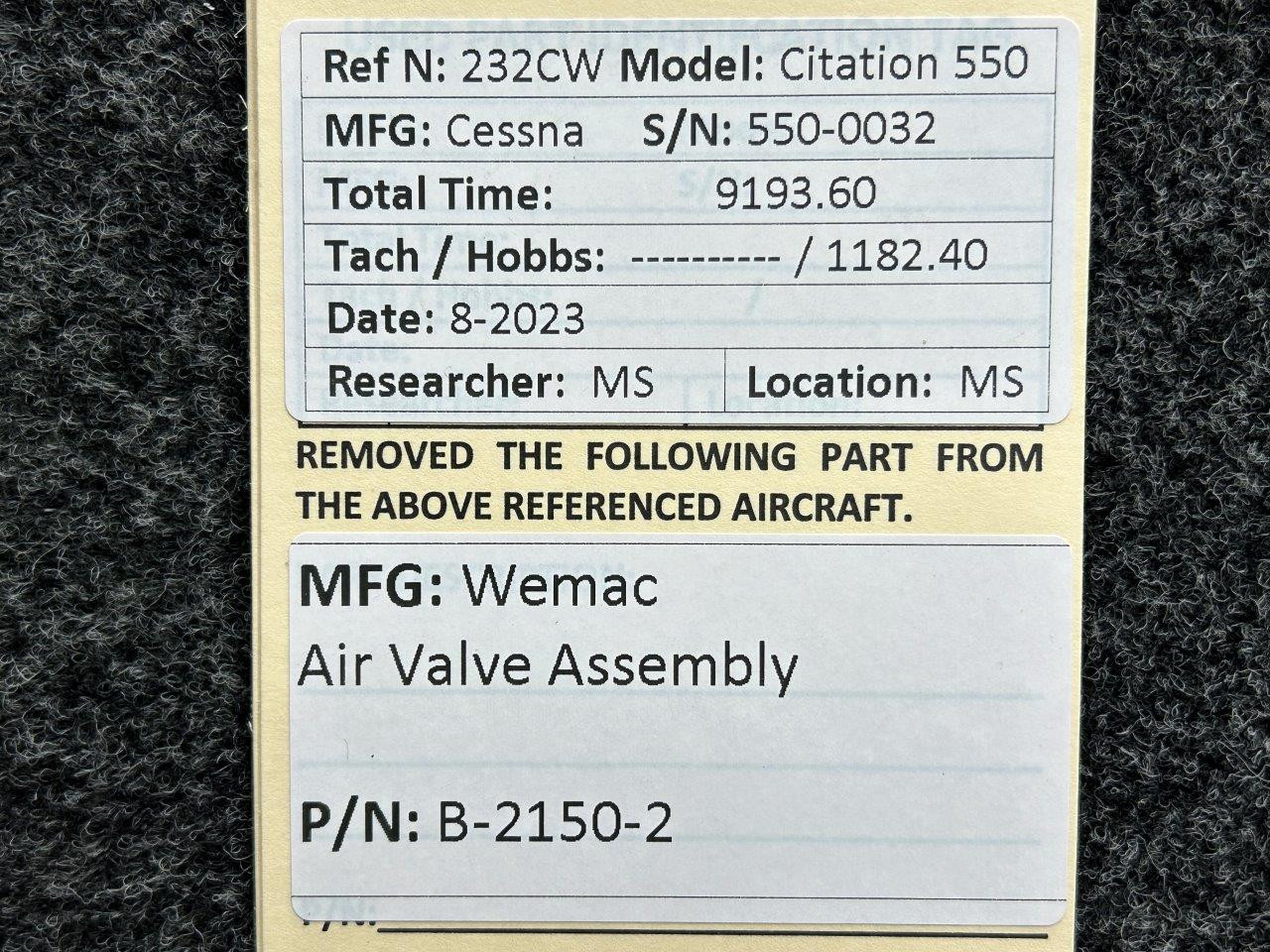 B-2150-2 Wemac Air Valve Assembly | BAS Aircraft Salvage