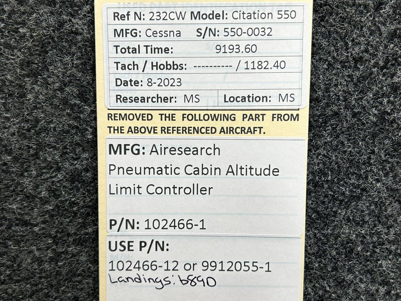 102466-1 (Use PN: 9912055-1) Airesearch Pneumatic Cabin Altitude Limit ...