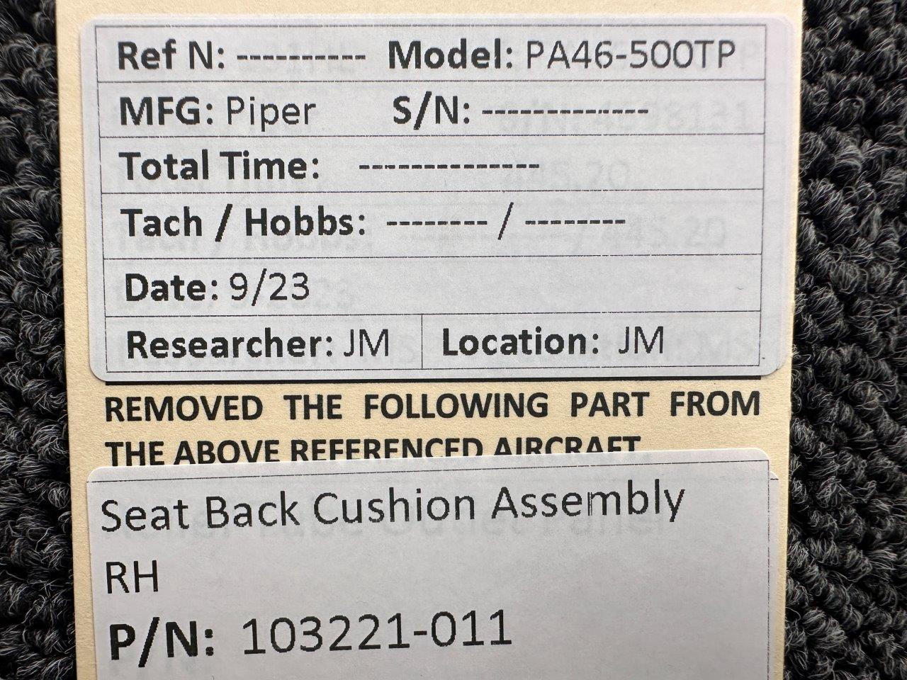 103221-011 Piper PA46-500TP Seat Back Cushion Assembly Right Hand