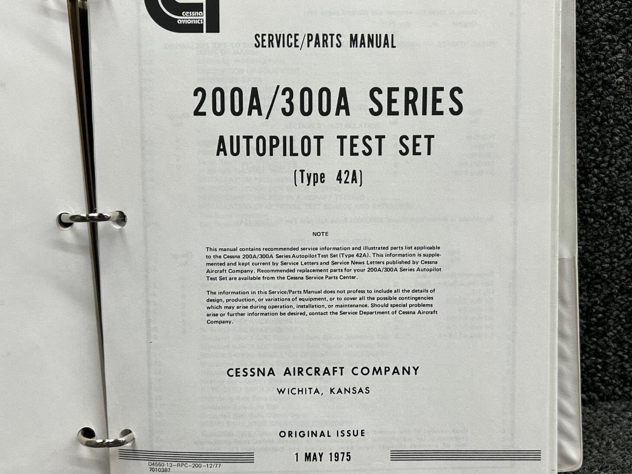 Cessna 200A and 300A Series Autopilot Test Set Service, Parts Manual ...
