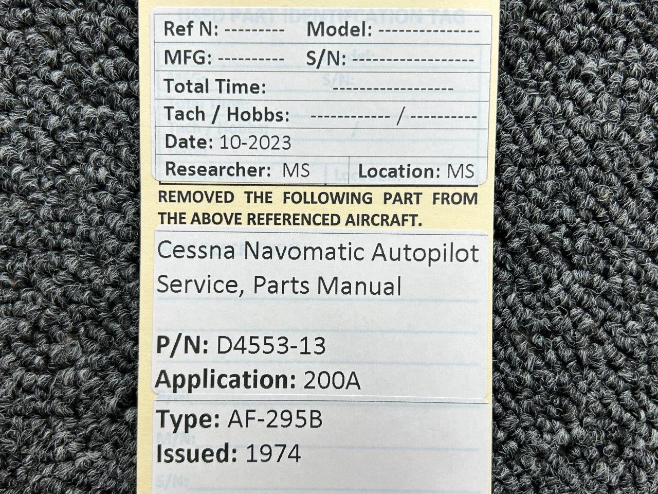 D4553-13 Cessna 200A Navomatic Autopilot Service, Parts Manual (1974)